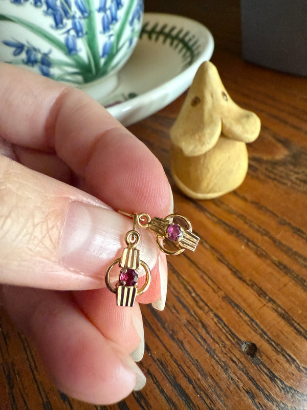 Linear Dormeuse Dangle Earrings French Vintage Art Deco Ruby Gold Fill ...
